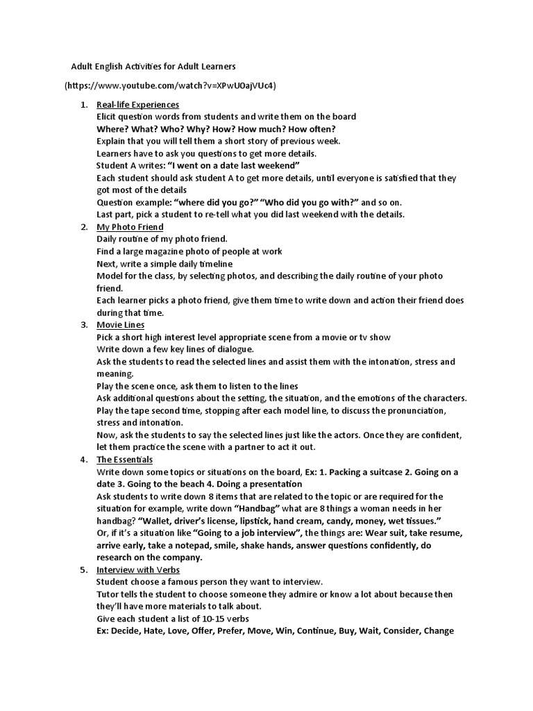 Adult English Activities For Adult Learners | PDF | Sentence ...