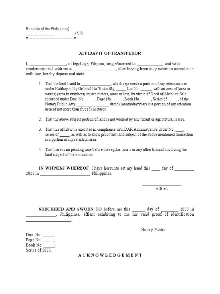 Affidavit of The Transferror | Download Free PDF | Affidavit | Notary Public