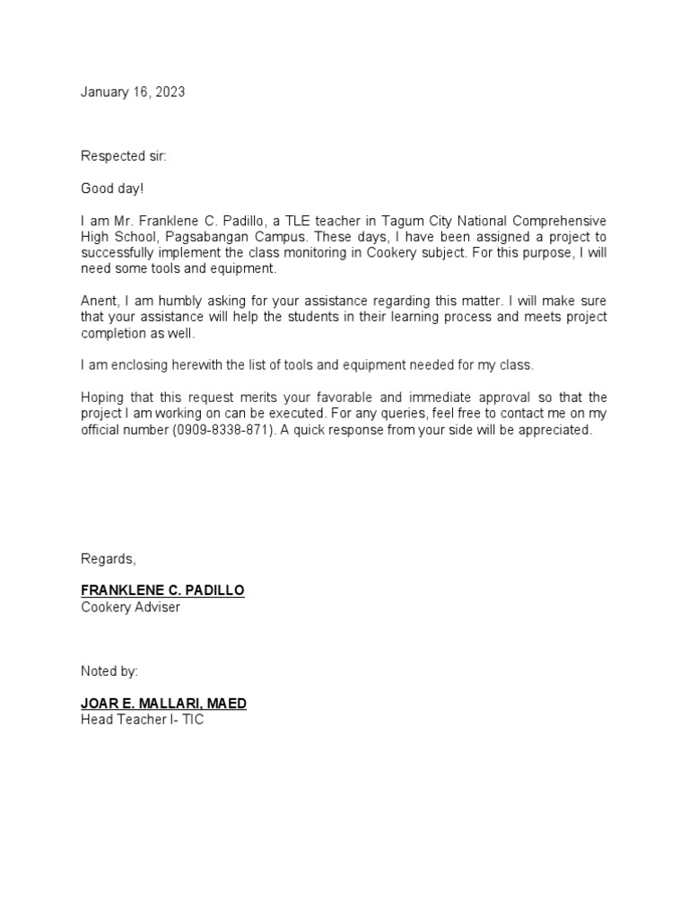 Request Letter For Tools and Equipment | PDF | Cooking | Domestic ...