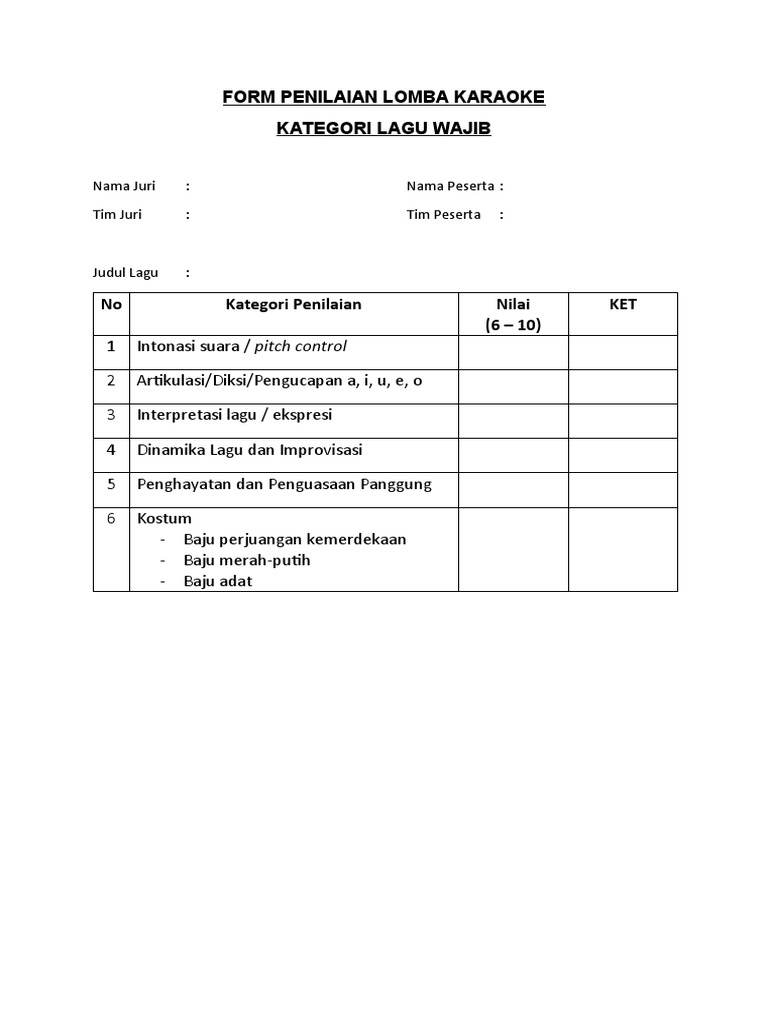 Form Penilaian Lomba Karaoke | PDF