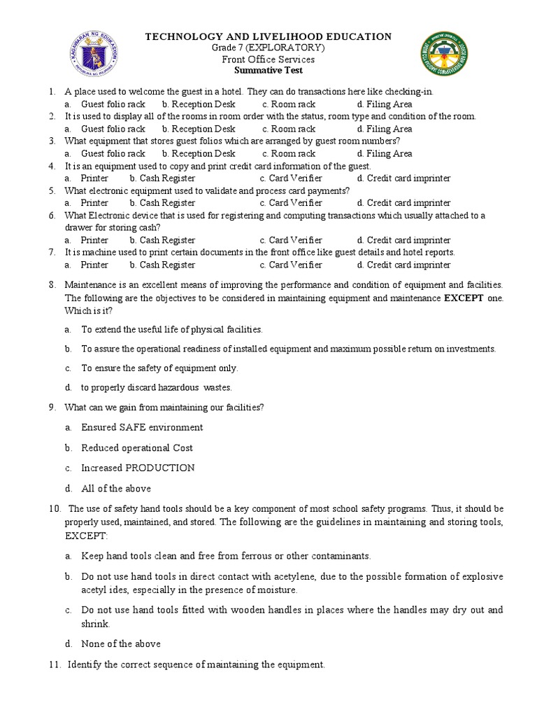 Front Desk Grade 7 Exam | PDF | Credit Card | Printer (Computing)