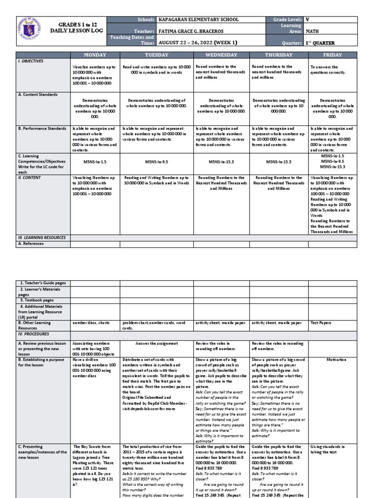 DLL - Math 5 - Q1 - W1 | PDF | Teachers | Learning