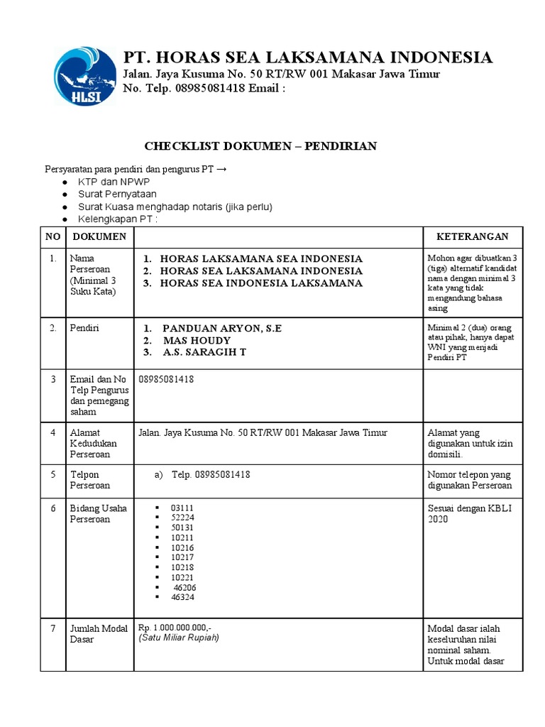 Form Isi Pendirian PT | PDF