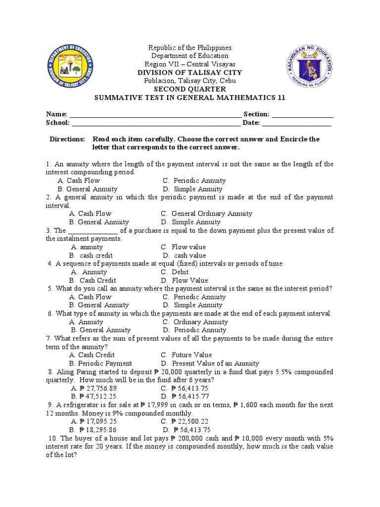 SUMMATIVE - TEST - Senior High - GenMath Q2 | PDF