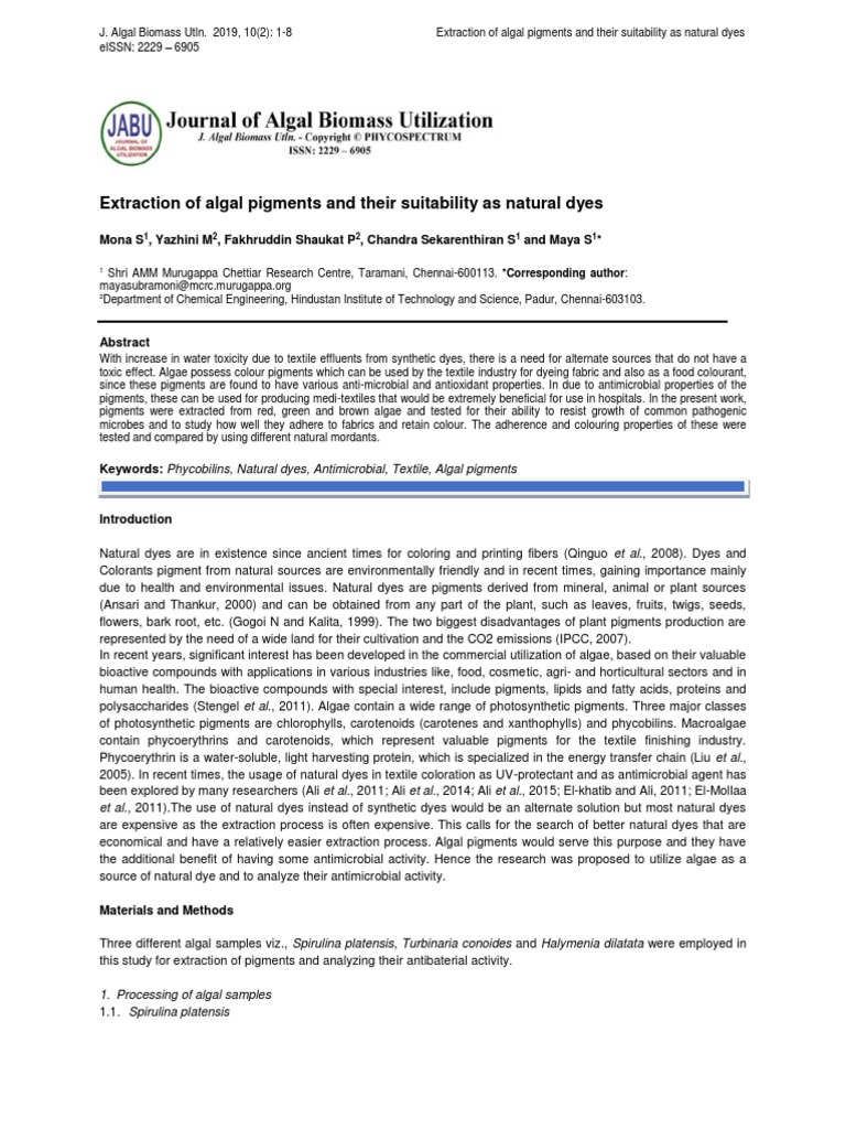 Extraction of Algal Pigments and Their Suitability As Natural Dyes ...