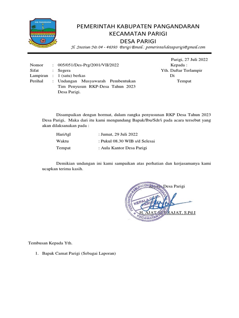 Surat Undangan Musyawarah Penyusunan Tim RKP Desa Tahun 2023 Desa Parigi | PDF