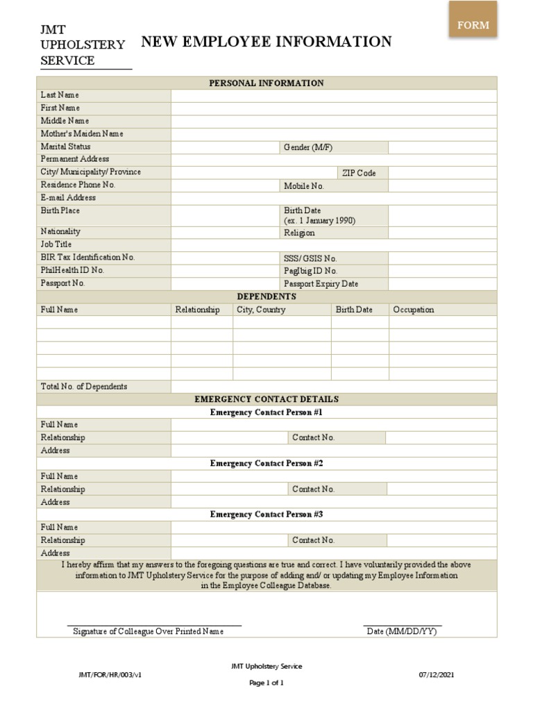 JMT HR - Form 003 v1 - New Employee Information Form | PDF | Identity ...