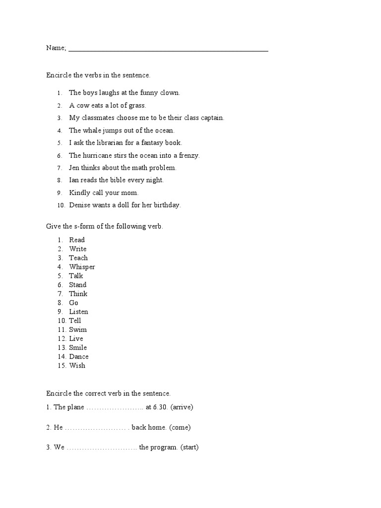 Verb Identification and S-Form Practice | PDF