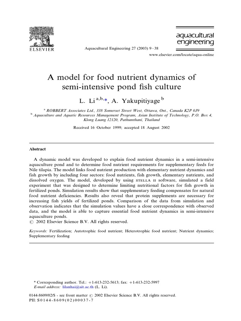 A Model For Food Nutrient Dynamics of Semi-Intensive Pond Fish Culture ...