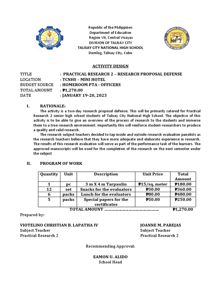 Activity-Design-PR2 Proposal Defense | PDF | Cognition