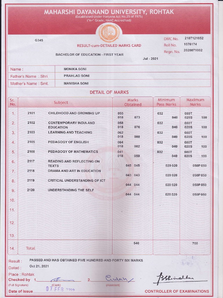 B.ed. 1yr Marksheet | PDF