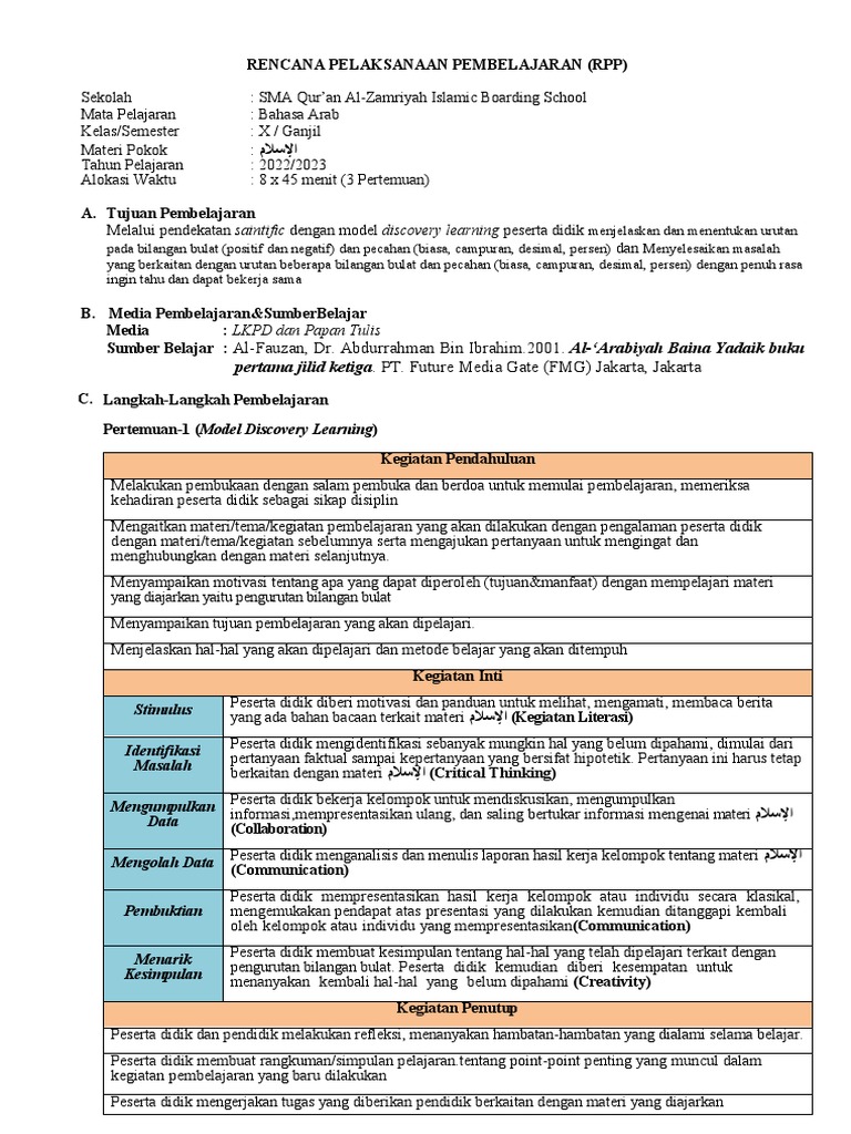 RPP Bahasa Arab X (Bab 3) | PDF