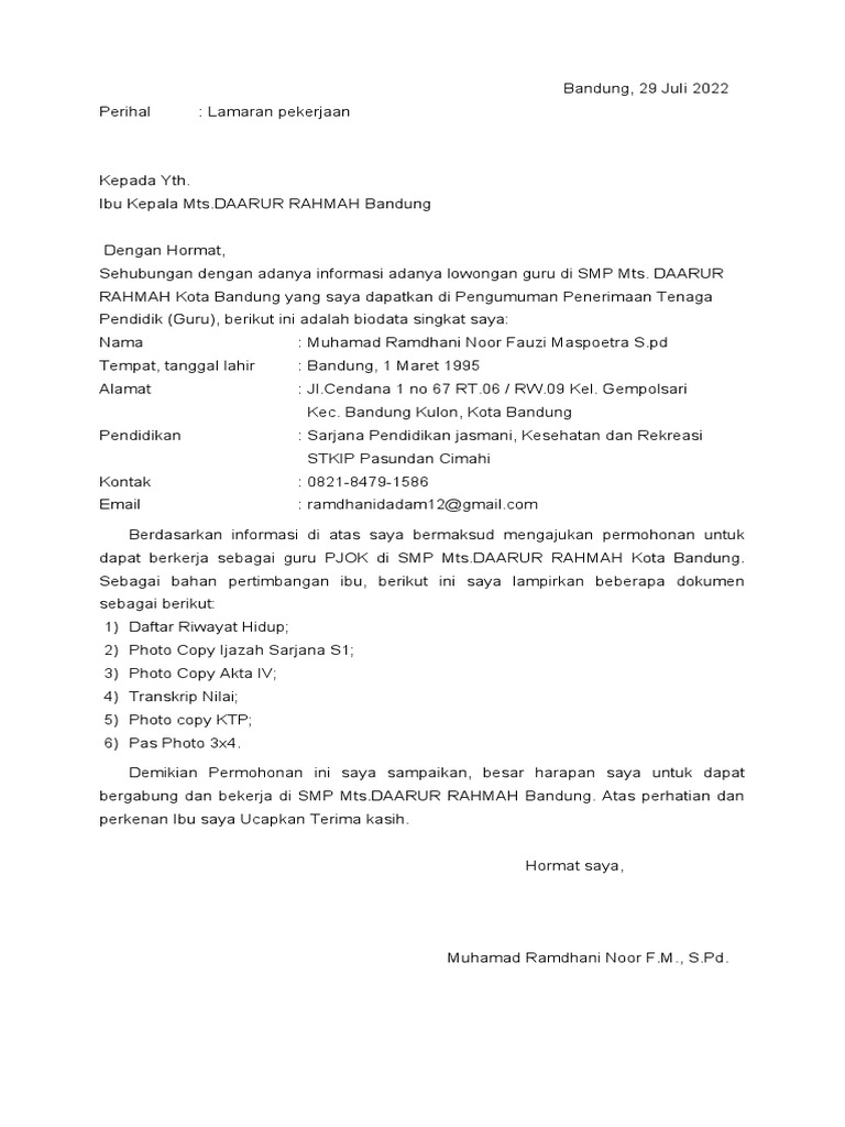 Surat Lamaran Kerja SMA SMK | PDF