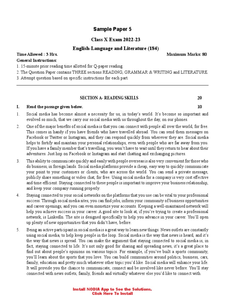 EN Sample Paper 5 Unsolved | PDF | Social Media | Popular Culture & Media Studies