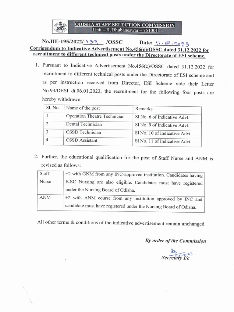 Corrigendum Notice To Ind. Advt. No.456 (C) OSSC Dt.31.12.22 | PDF