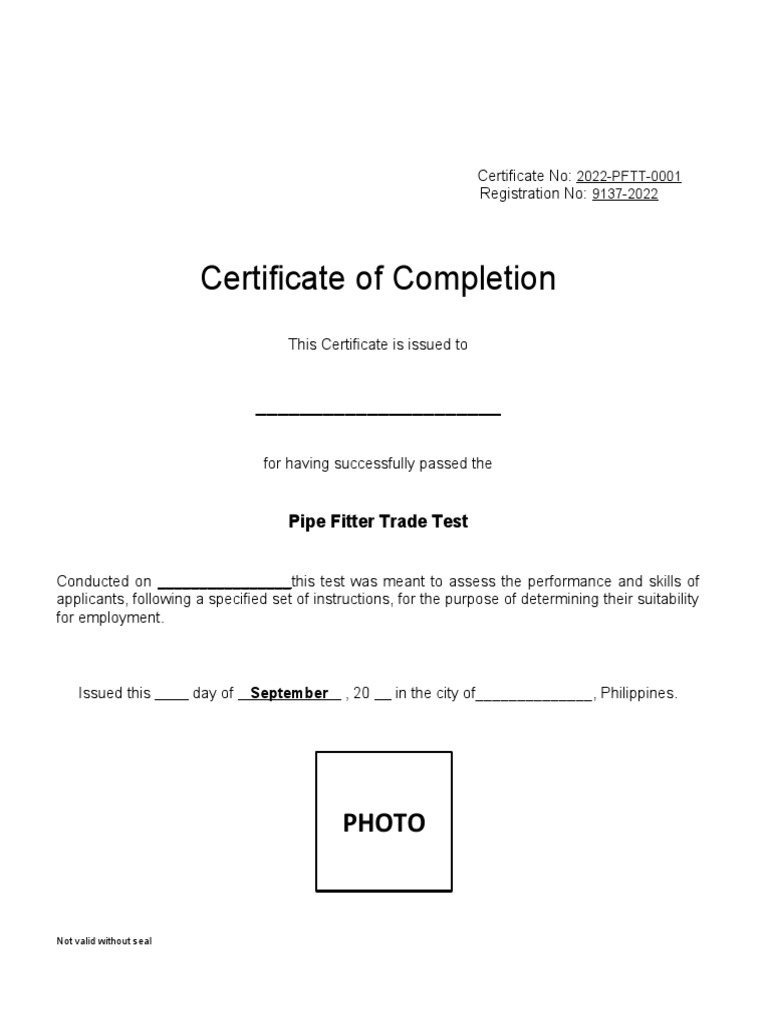 Pipe Fitter Trade Test Certificate | PDF