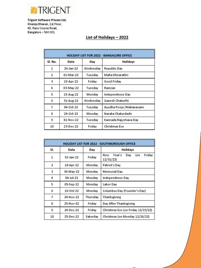Holiday List 2022 | PDF