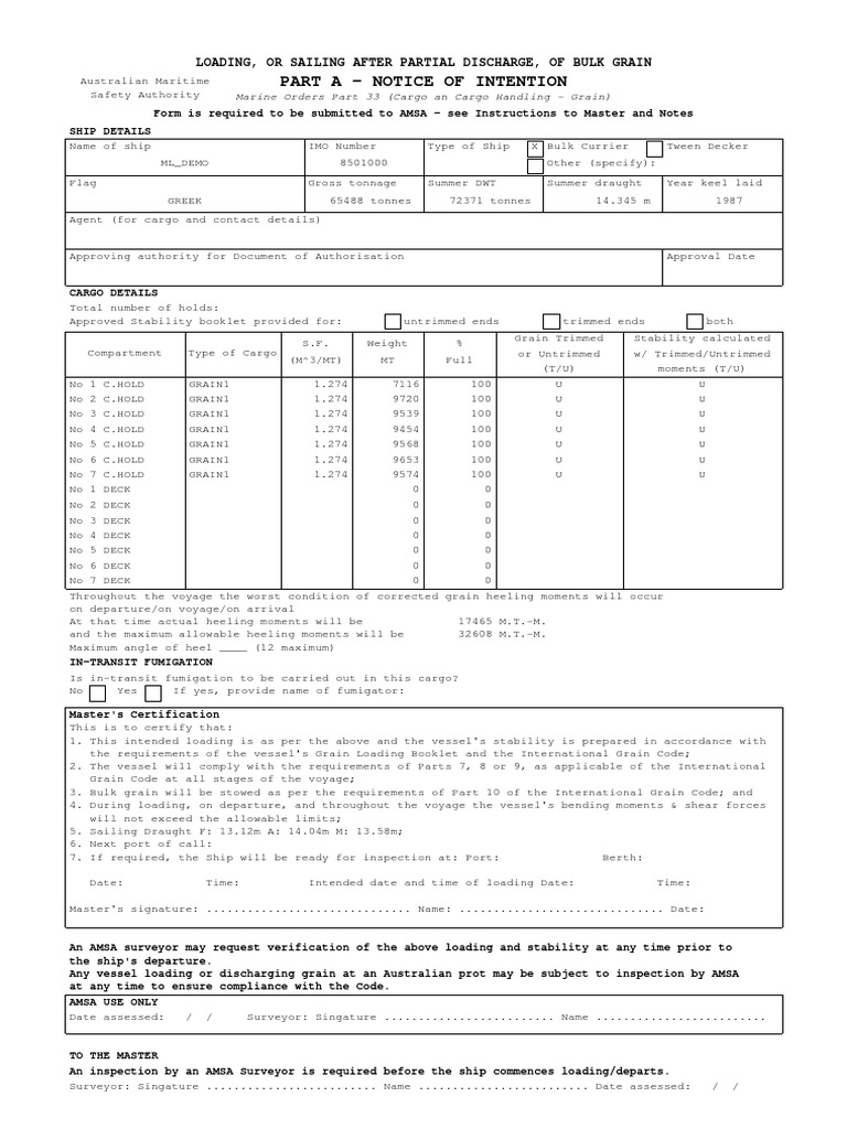 Australian Grain Loading Form | PDF