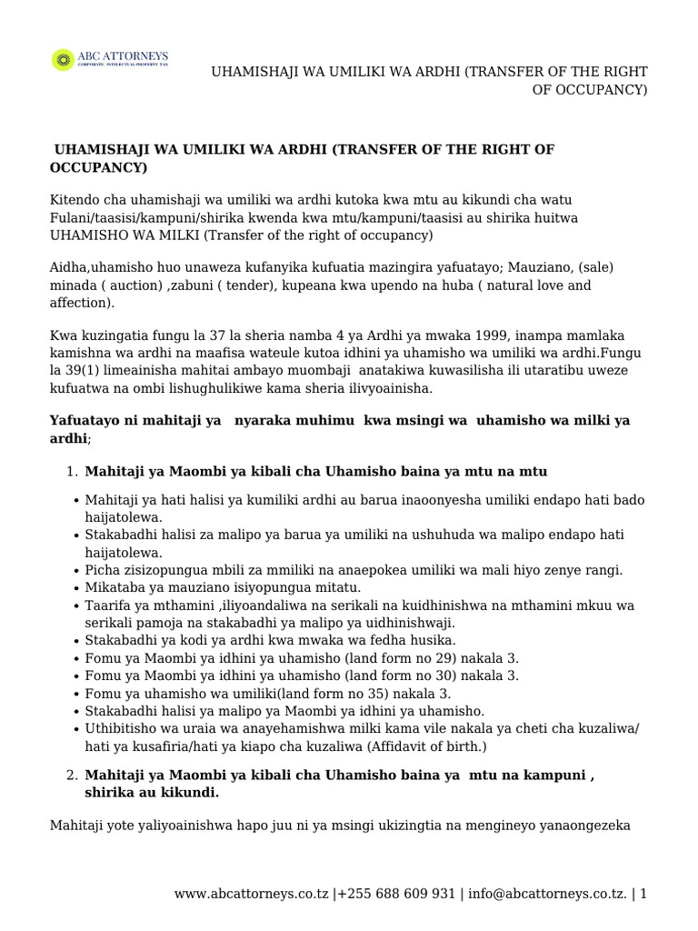 Uhamishaji Wa Umiliki Wa Ardhi (Transfer of The Right of Occupancy) | PDF