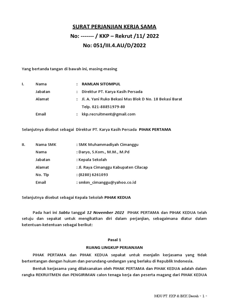 Draft Master MOU KKP & BKK Tahun 2021 | PDF