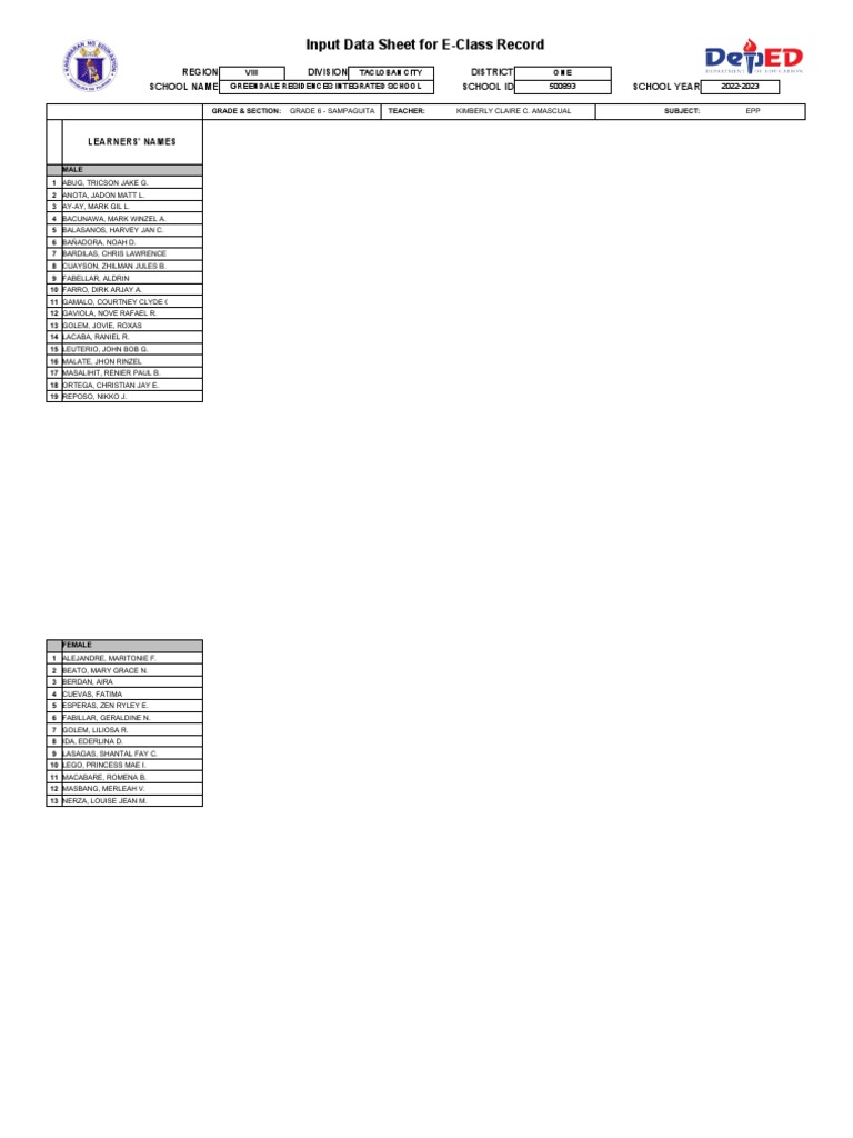 E-Class Record (Epp) Grade 6 2022-2023 | PDF