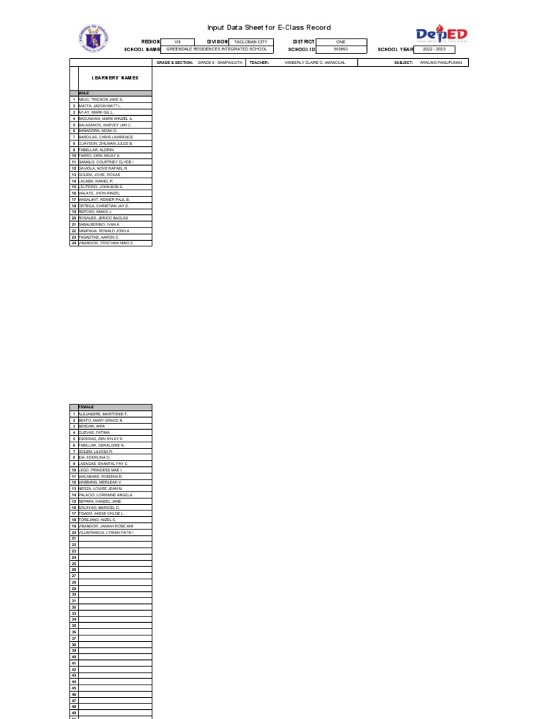 E-Class Record (Aral Pan) Grade 6 2022-2023 | PDF