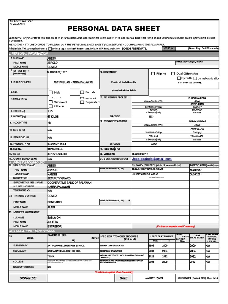 Personal Data Sheet Template | PDF