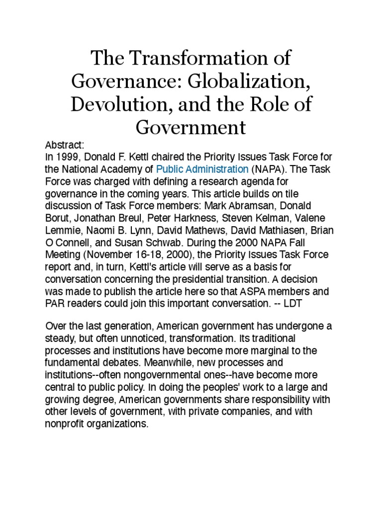 The Transformation of Governance - Globalization, Devolution, and The Role of Government | PDF