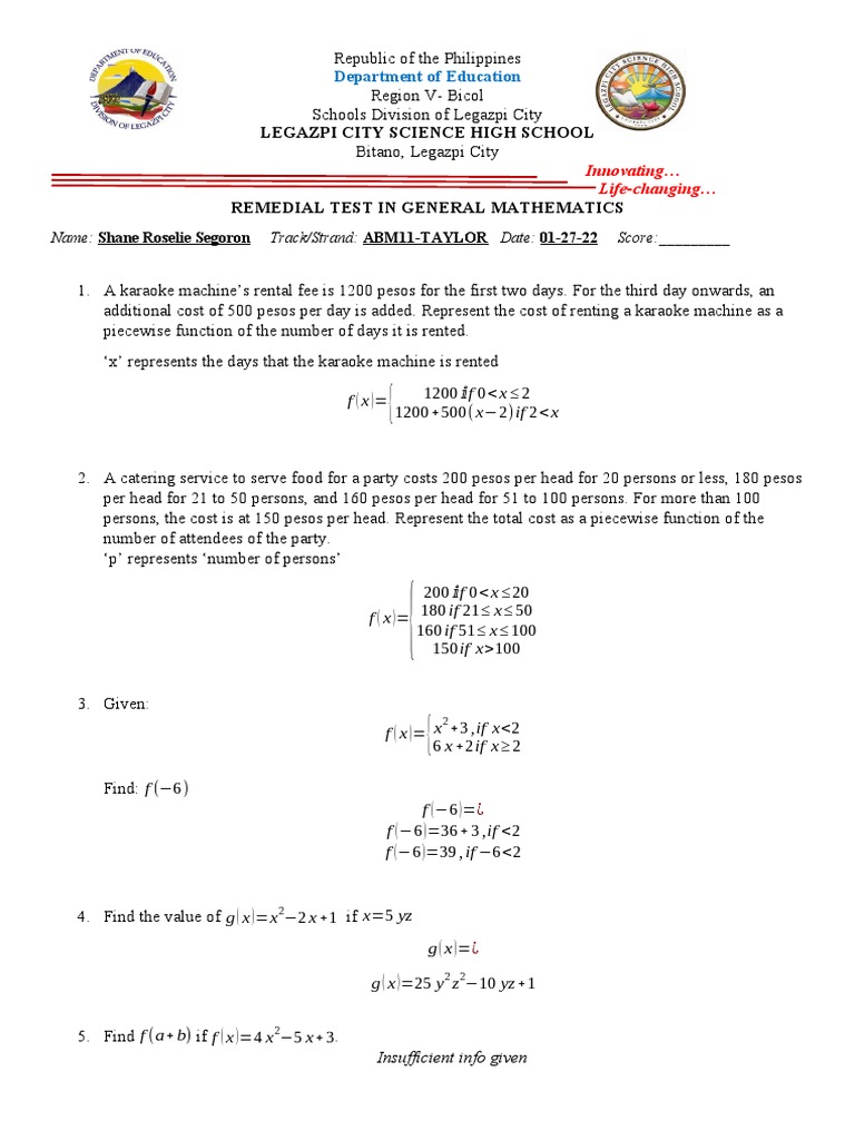 General Math Remedial Test | PDF | Philippines