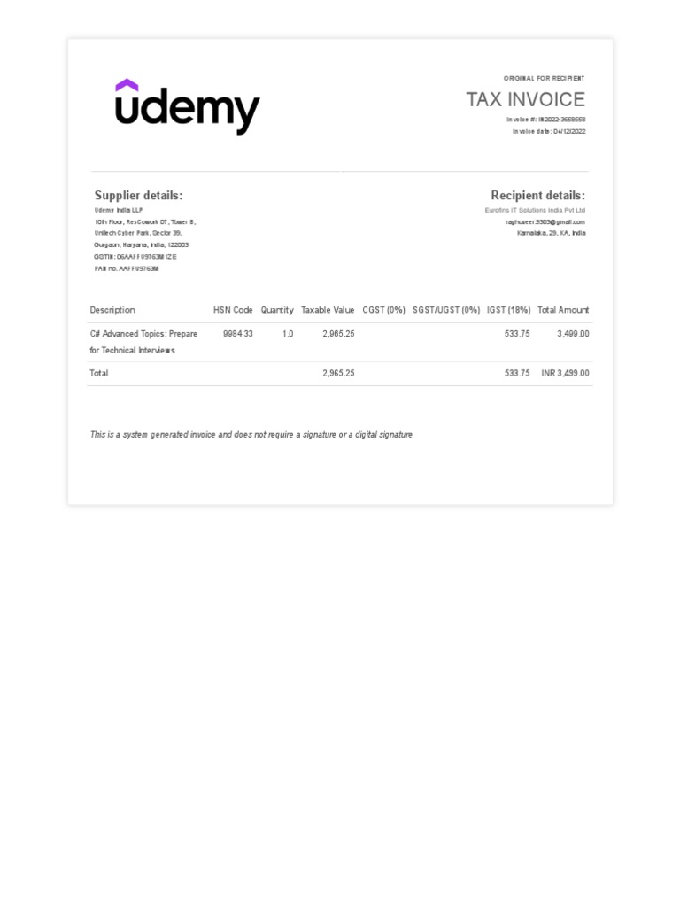 Udemy Course Invoice for C# Topics | PDF