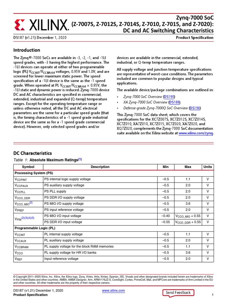 Ds187 XC7Z010 XC7Z020 Data Sheet Xilinx | PDF | Power Supply ...