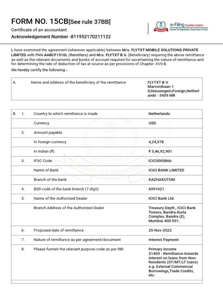 Flytxt - ECB Interest - Form 15CB - 21 Nov 22 | PDF | Taxes | Capital ...
