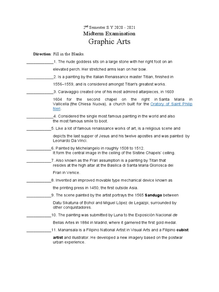 Midterm Examination Graphic Arts | PDF | Paintings | The Arts