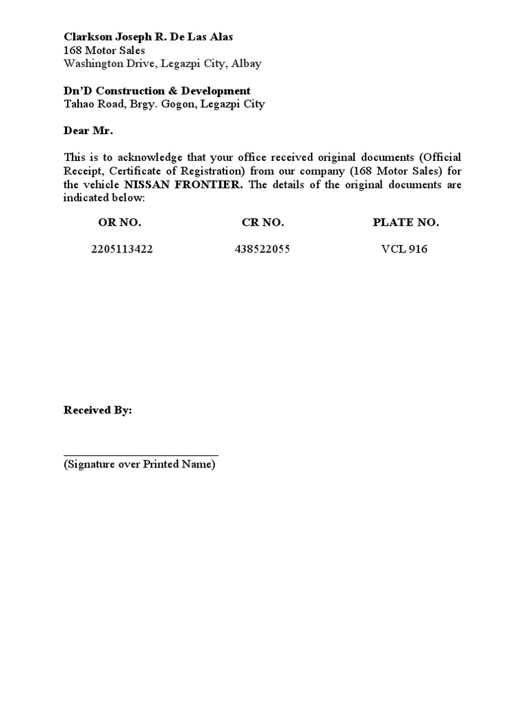 Acknowledgement Letter For Received Documents | PDF