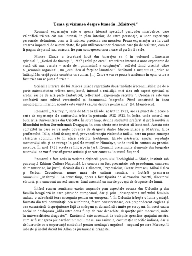 Tema Și Viziunea Despre Lume În ,,maitreyi - 1933 | PDF