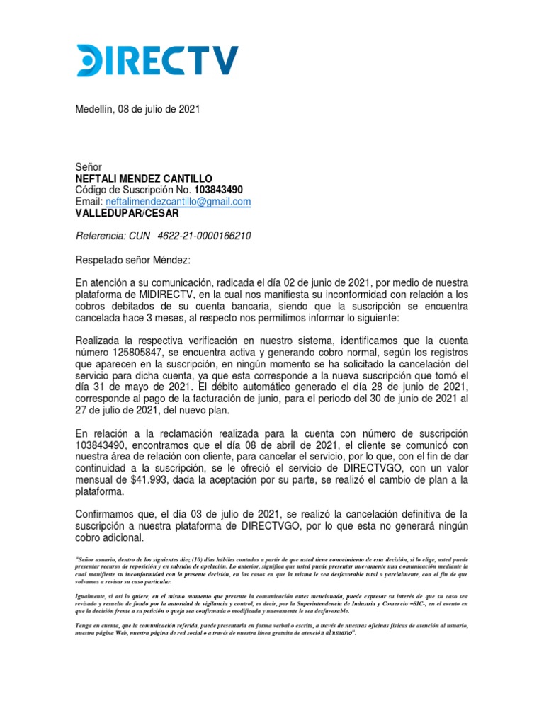 Respuesta de Directv | PDF