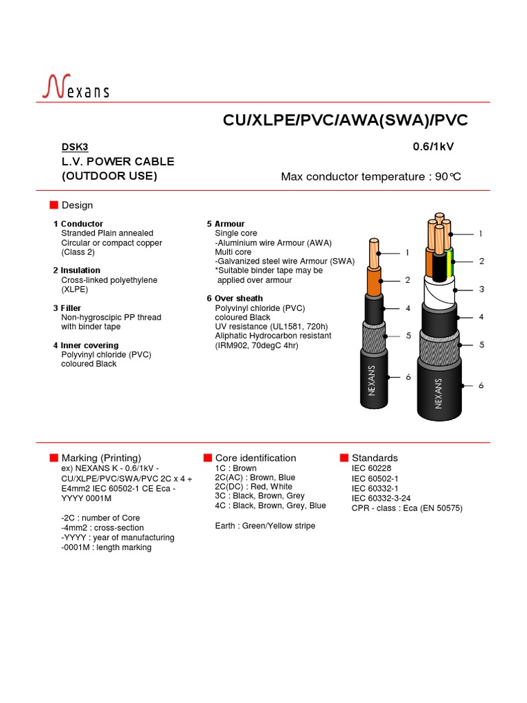LV 1Cx630mm Cable Specification, Datasheet and Cross Sectional Drawing ...