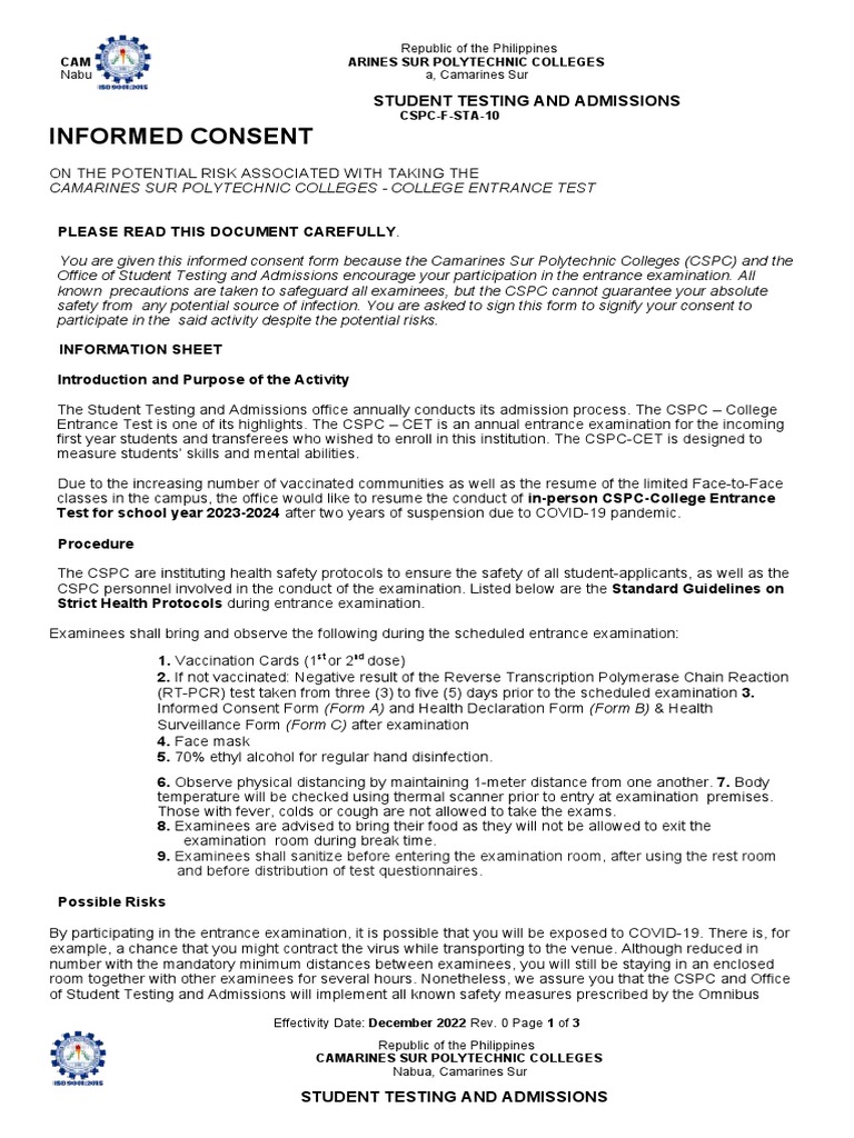 FORM A - Informed-Consent | PDF | Test (Assessment) | University And ...