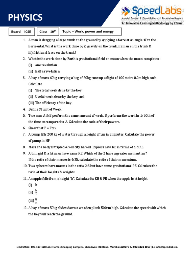 Work Power and Energy - Important Qs - Important Questions | PDF | Mass | Applied And ...