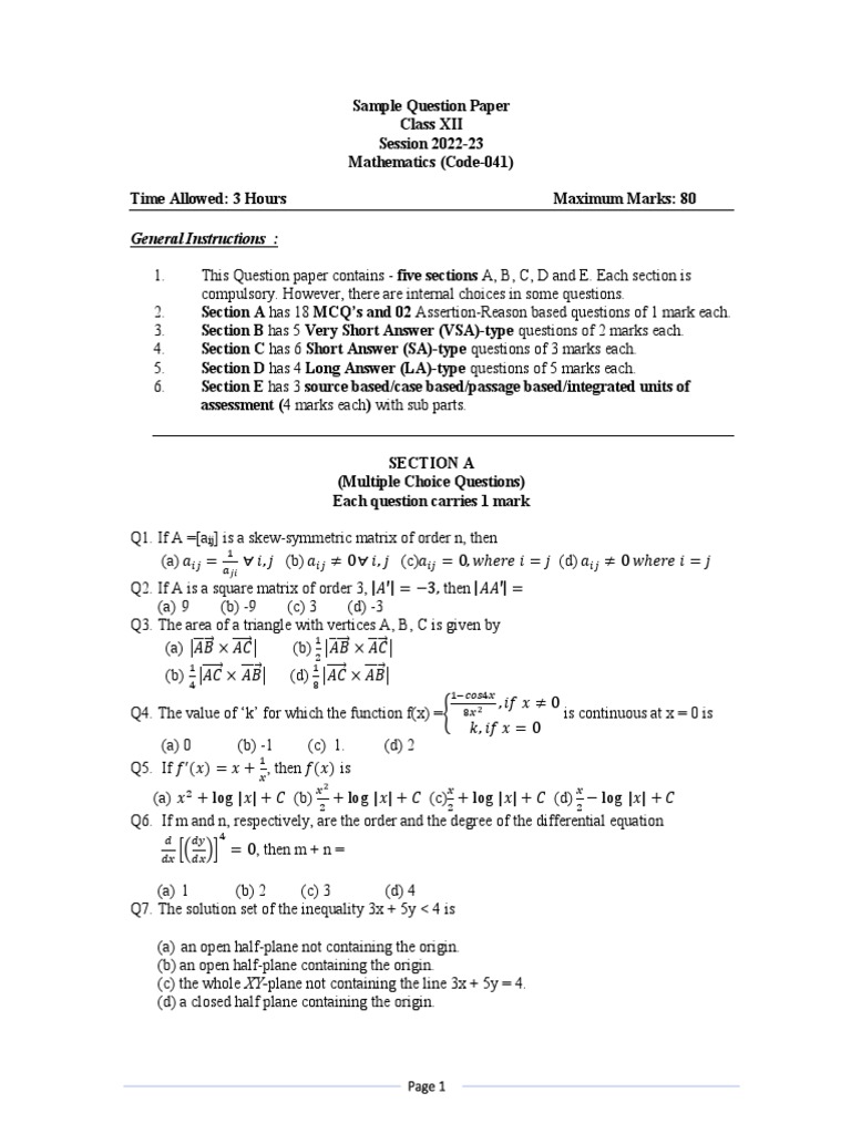 Mathematics CBSE Model Question Papers 2023 With Marking SCH | PDF ...