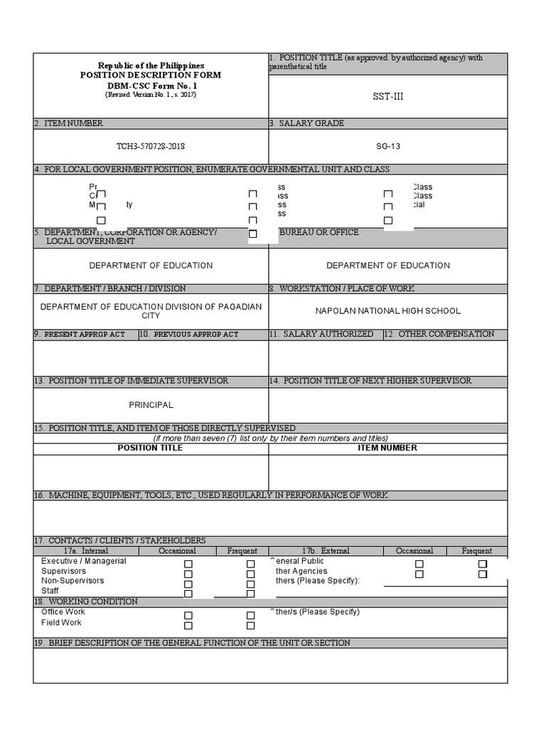 Position Description Form DBM CSC Form No. 1 Revised 2017 | PDF | Labor ... Position Description Form DBM CSC Form No. 1 Revised 2017 | PDF | Labor ...