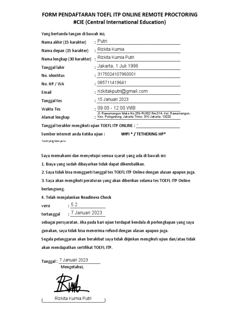 Form Pendaftaran TOEFL ITP Online v2 - RIZKITA | PDF