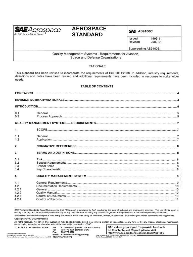SAE As 9100-2009 QMS Requirements For Aviation, Space and Defense Organizations | PDF