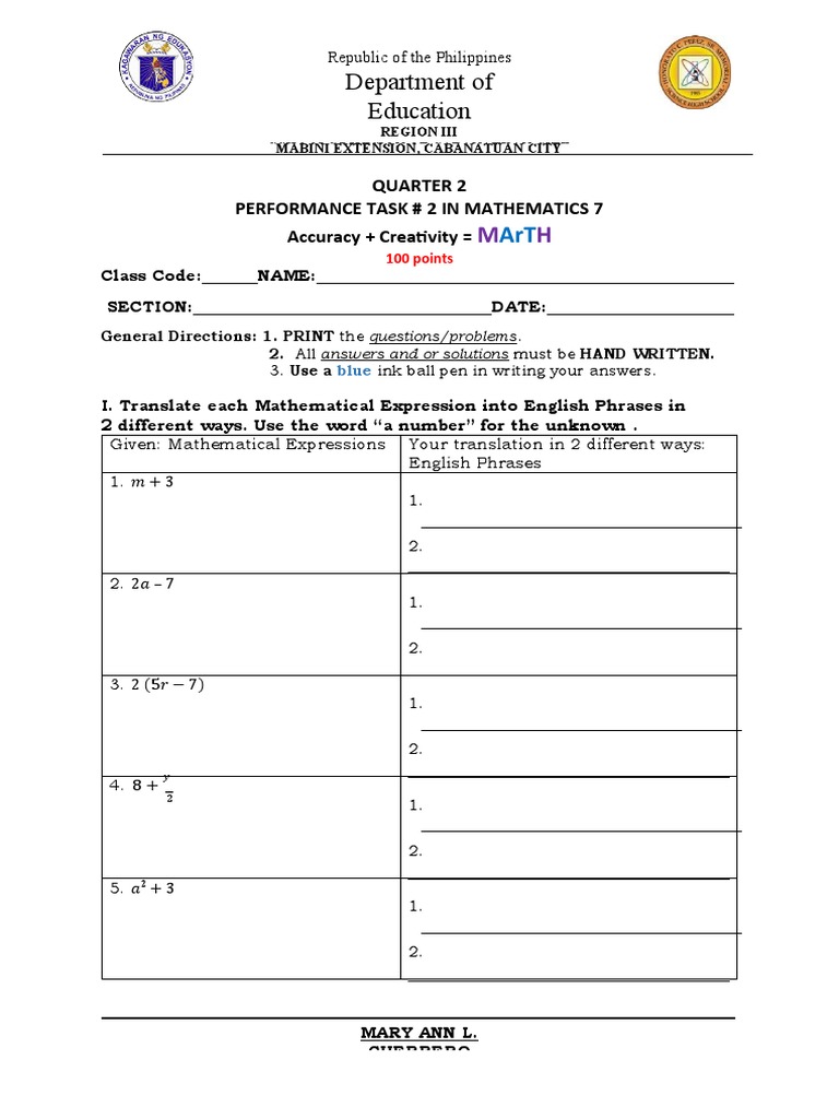 Math 7 - Q2 - Performance Task 2 | PDF