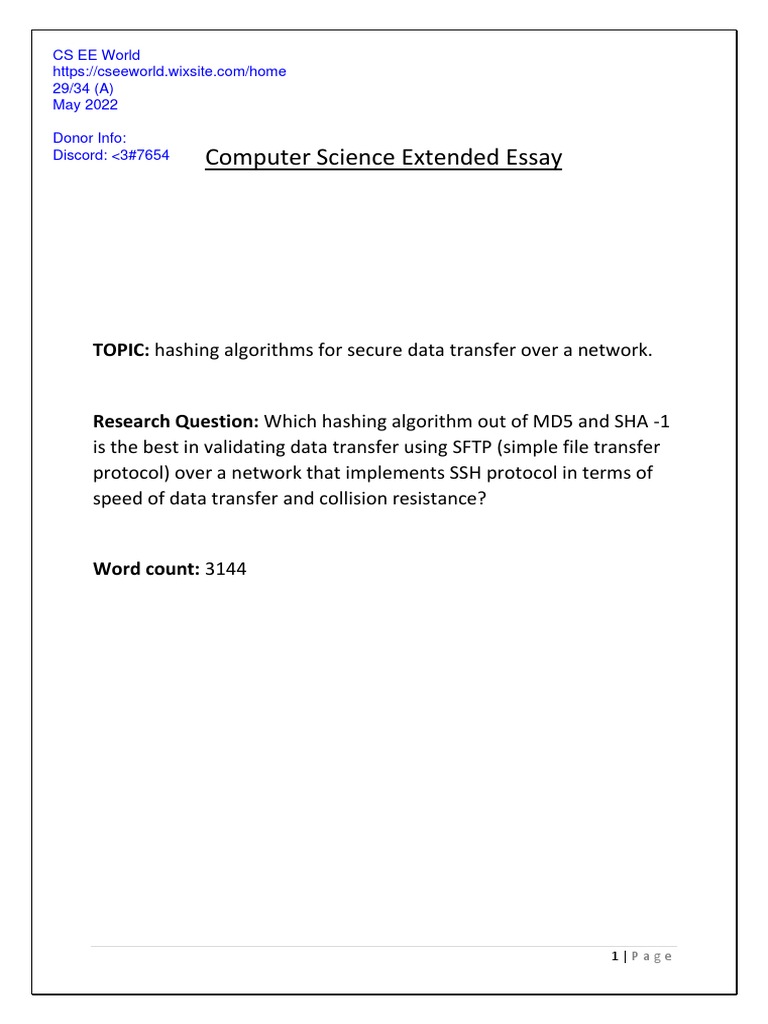 Computer Science Extended Essay: TOPIC: Hashing Algorithms For Secure Data Transfer Over A ...