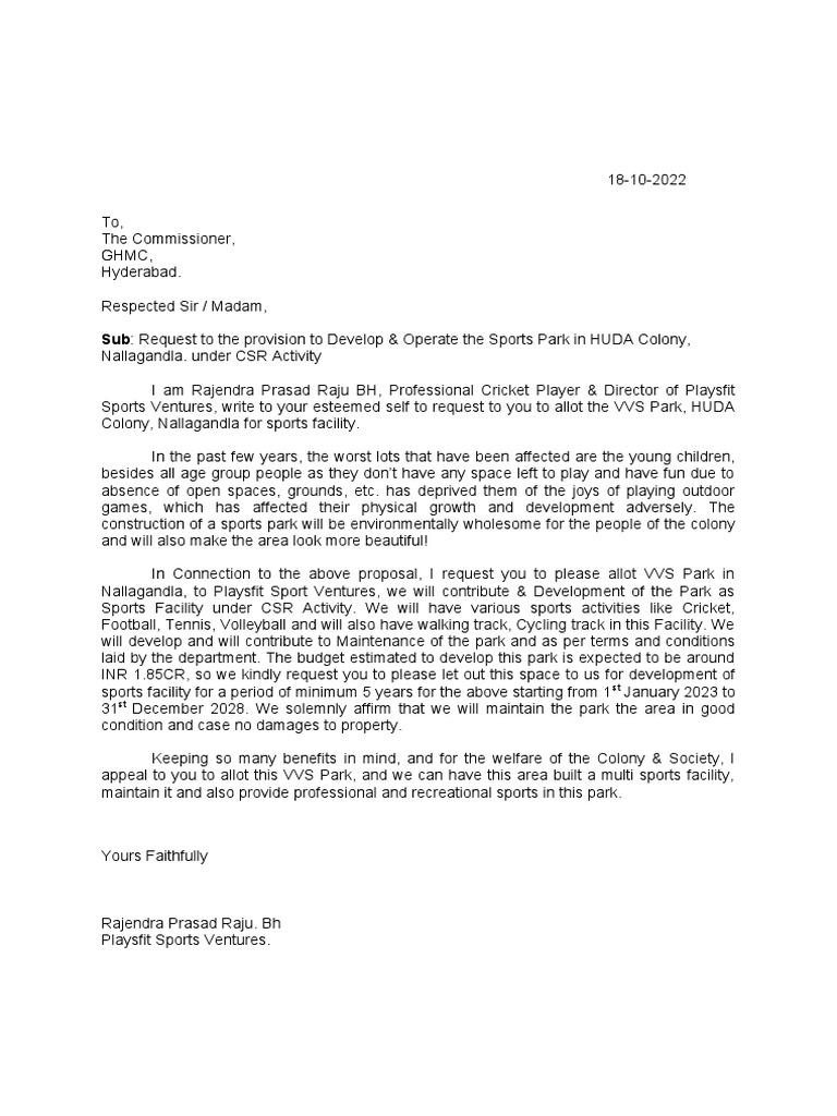 Request Letter - CSR - 18th - Vvspark | PDF | Parks