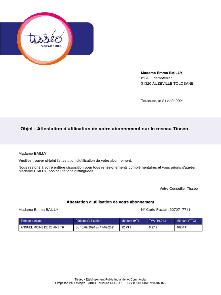 Attestation Abonnement Tisséo Emma Bailly | PDF