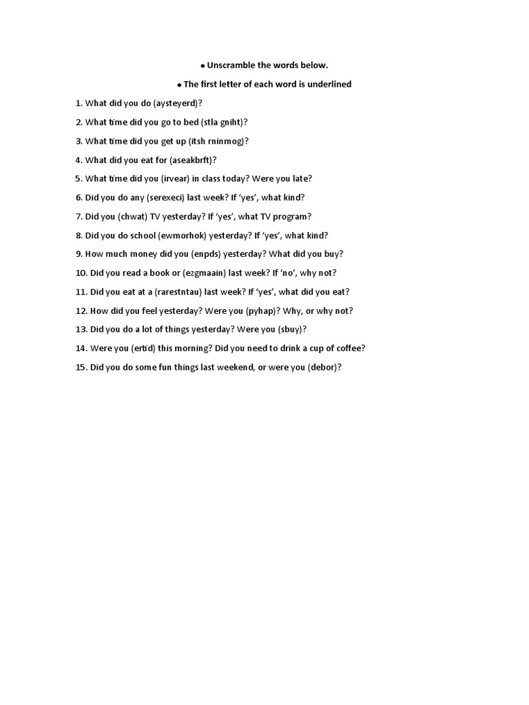 Unscramble The Words Below | PDF