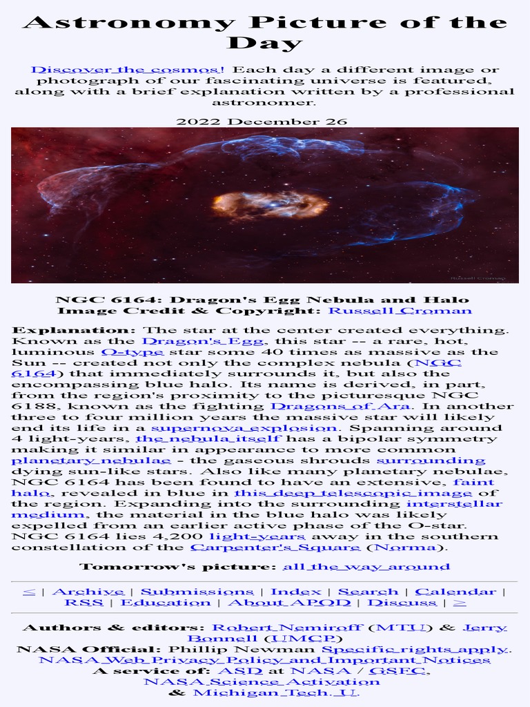 APOD 2022 December 26 - NGC 6164 Dragons Egg Nebula and Halo | PDF