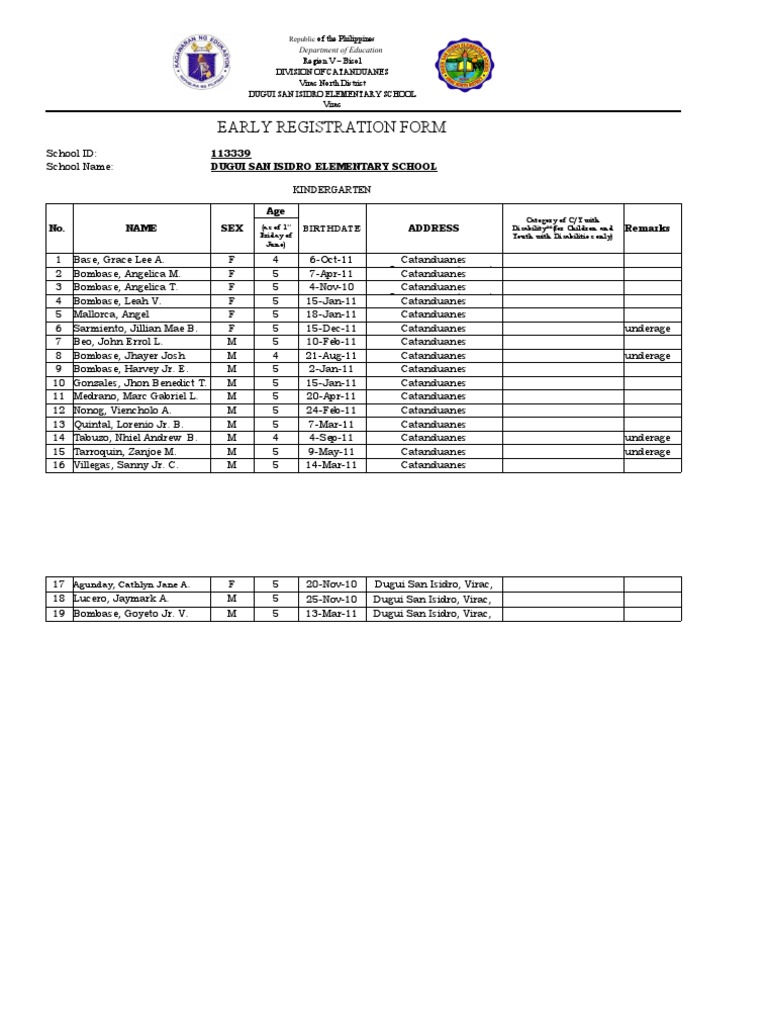 Dugui San Isidro Elementary School Early Registration Form for ...